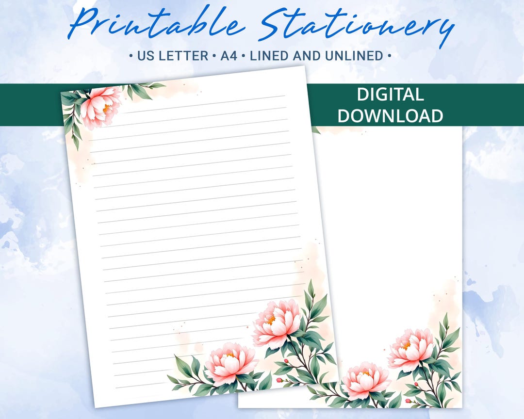 Floral Printable Stationery Paper With Pink Peonies, Spring Printable ...