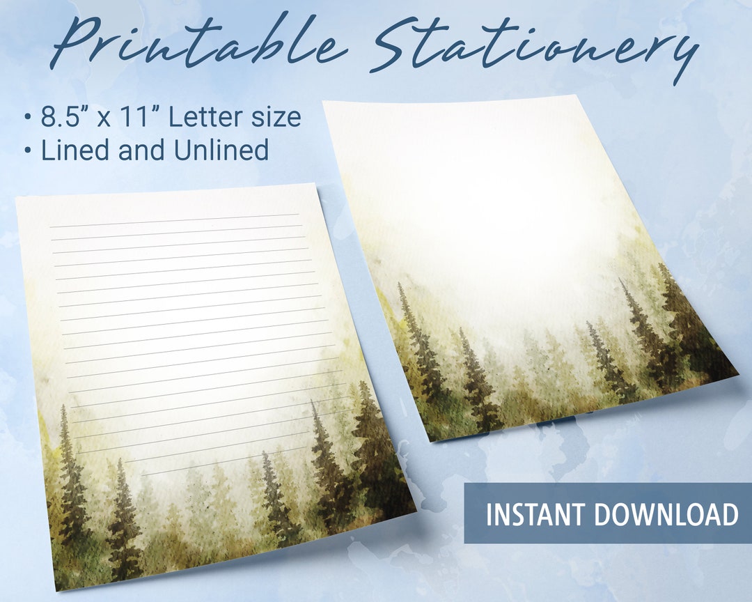Printable Stationery Lined Paper With Beautiful Watercolor Misty Pine ...