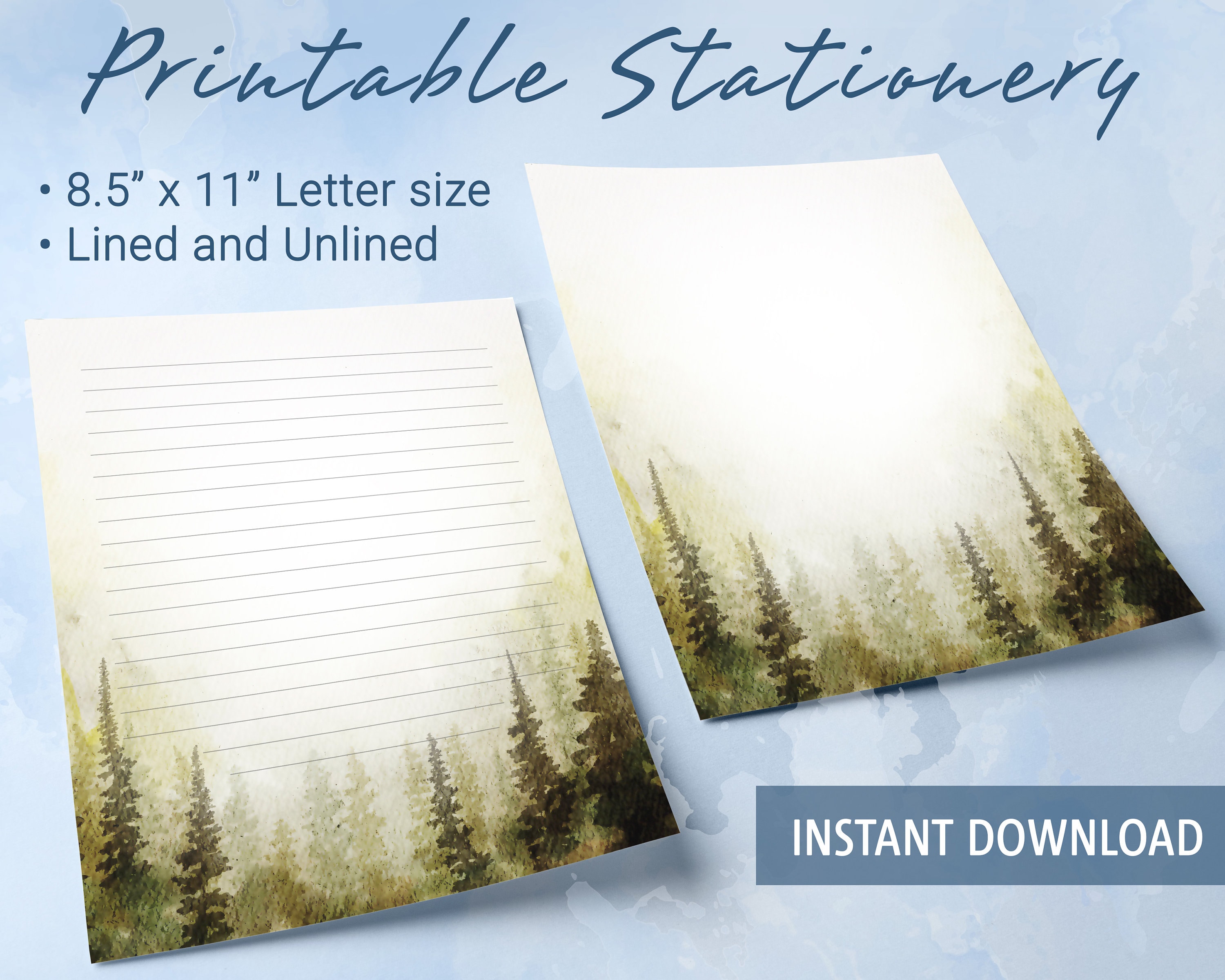 Printable Stationery Lined Paper With Beautiful Watercolor Misty Pine ...
