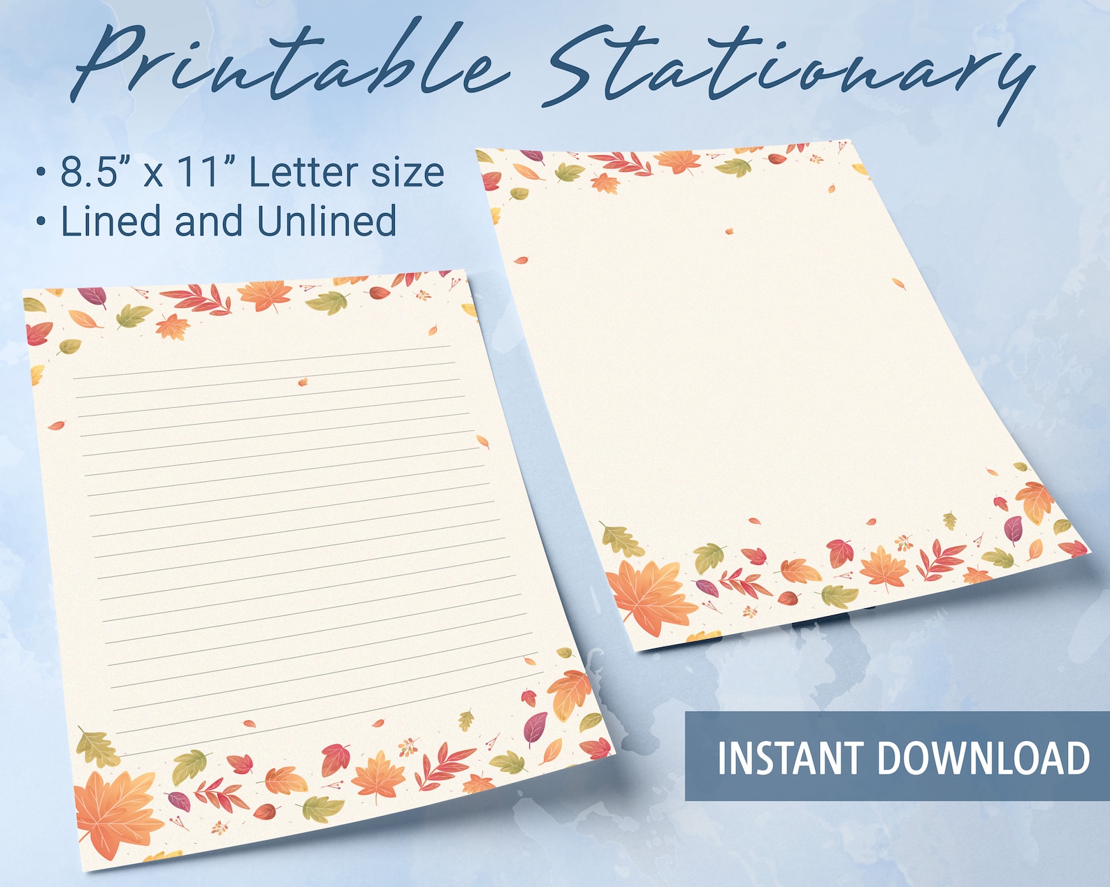 Autumn Printable Stationery Lined Paper, Watercolor Autumn Leaves ...