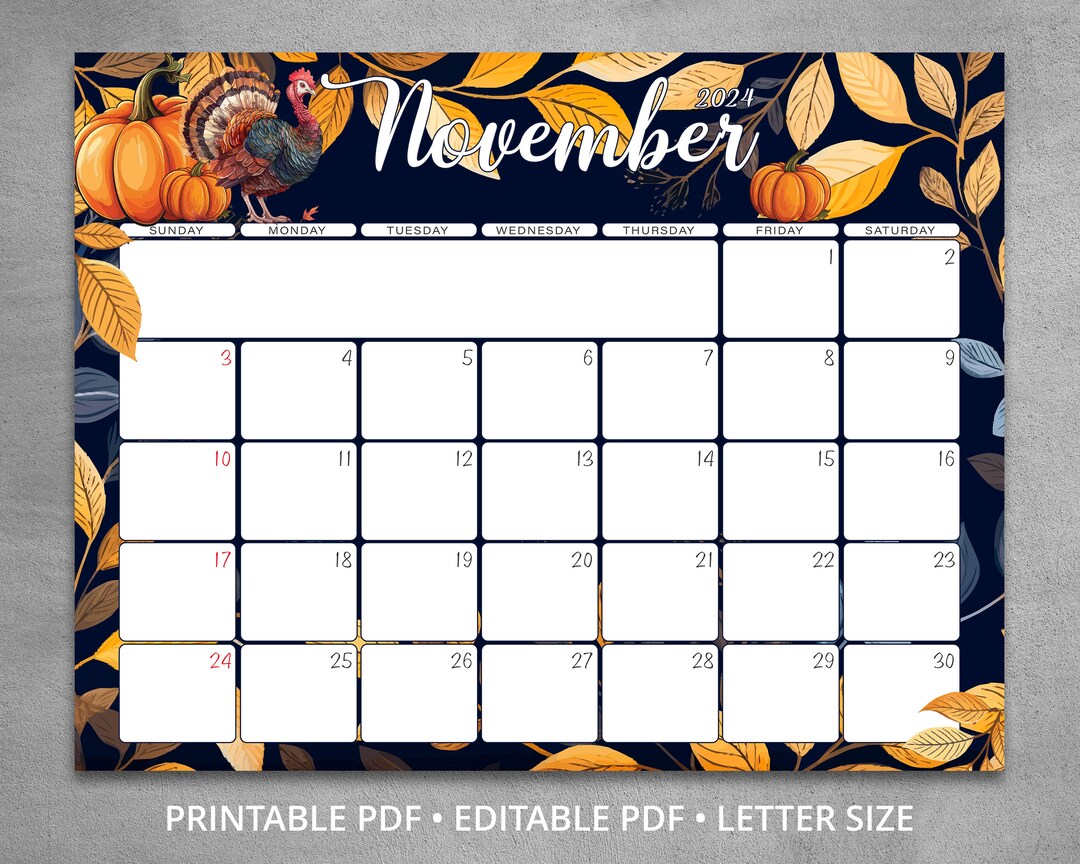 Calendario editable de noviembre de 2024, Calendario con marco de hojas ...