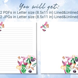 Printable Stationery Lined Paper With Wine, Grapes and Cheese ...