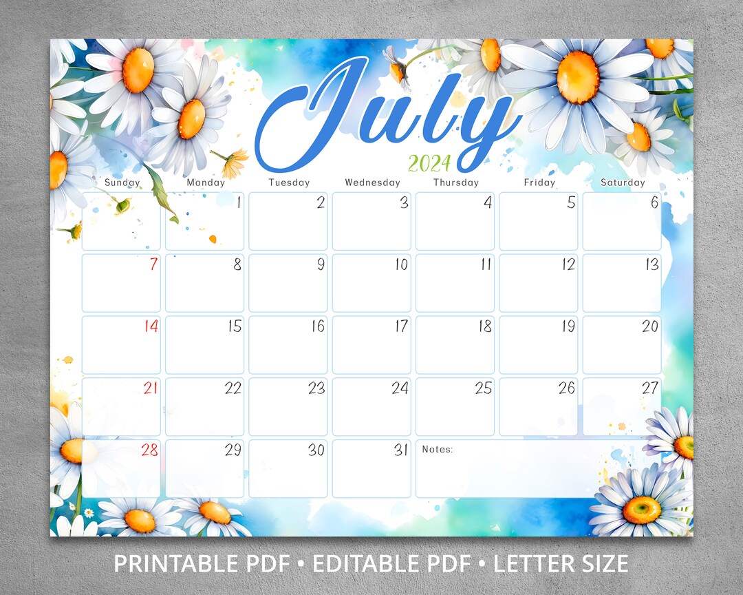 Editable July 2024 Calendar With Daisies, Watercolor Summer Wall ...