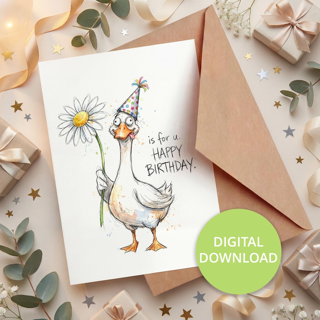 Funny Goose Birthday Card Printable, Watercolor Happy Greeting Card ...