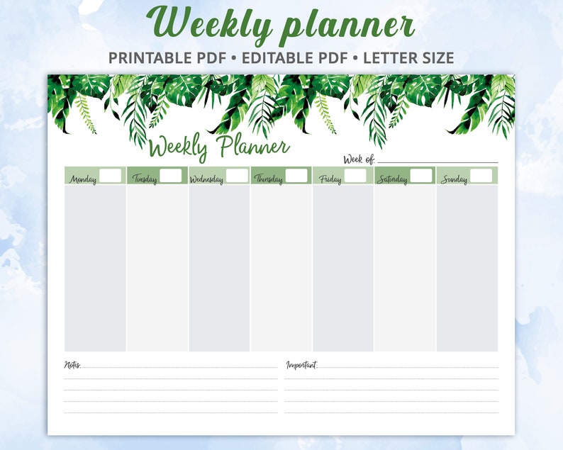 Editable Weekly Planner With Tropical Leaves, Digital to Do List ...