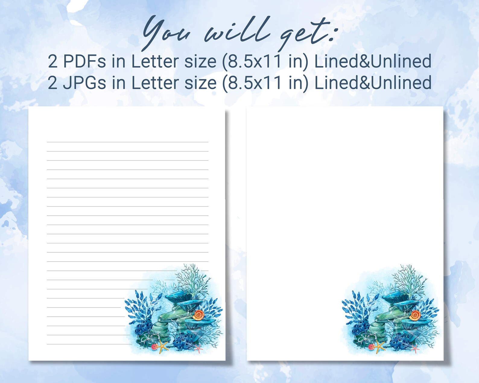 Ocean Printable Stationery Lined Paper, Watercolor Ocean Printable ...