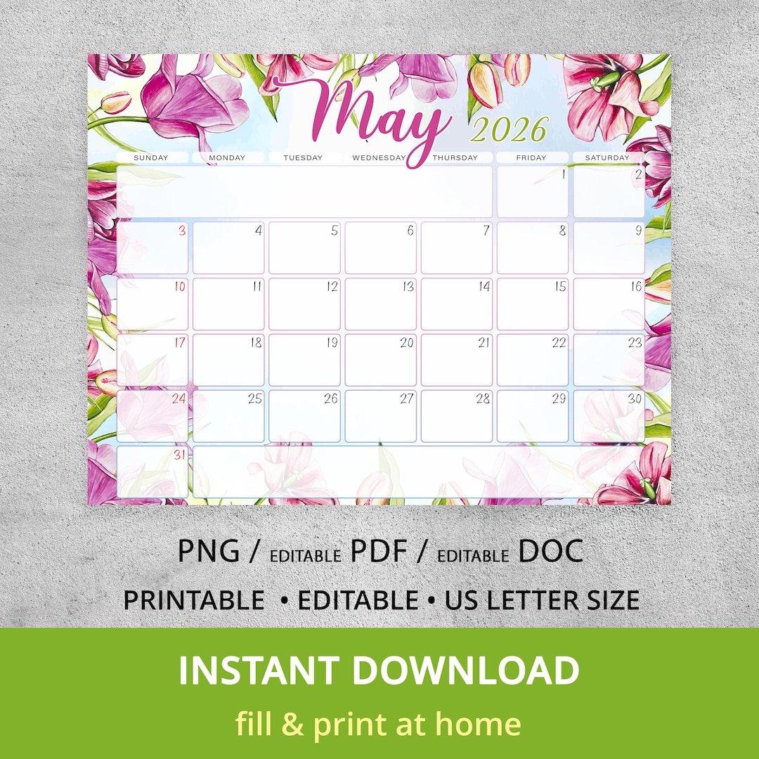 Editable May 2026 Calendar With Tulips, Floral Wall Calendar 2026 With ...