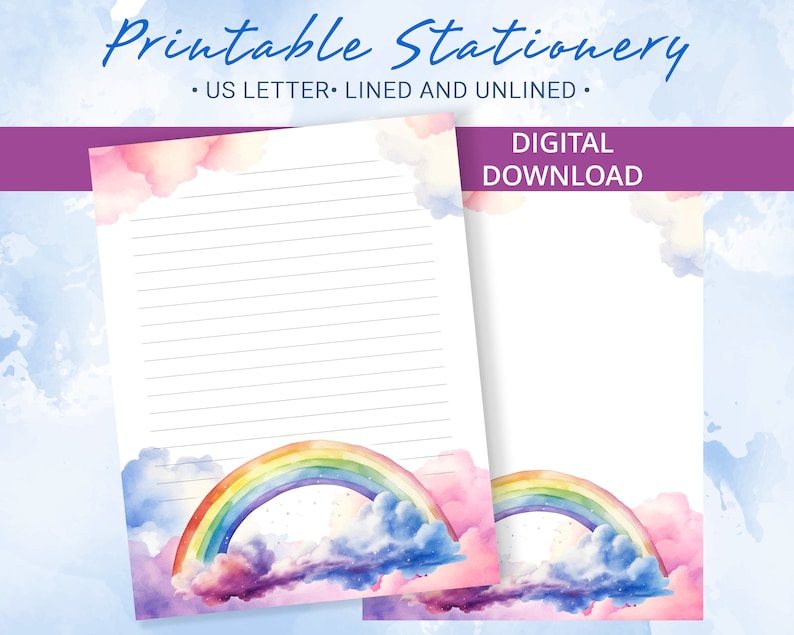 Printable Stationery Lined Paper With Watercolor Rainbow in the Sky ...