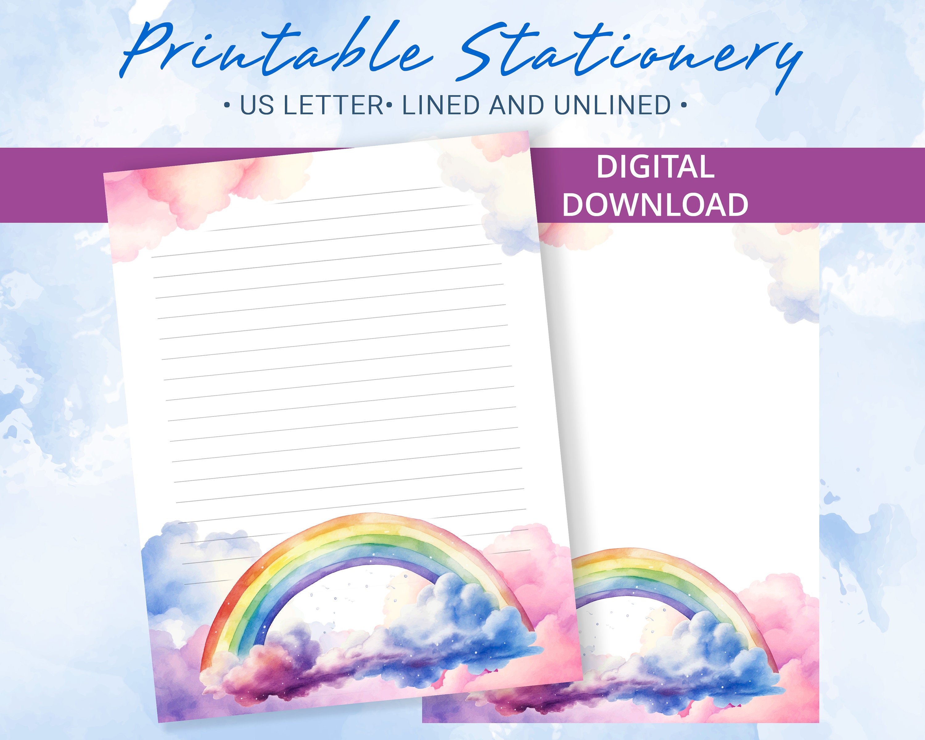 Printable Stationery Lined Paper With Watercolor Rainbow in the Sky ...