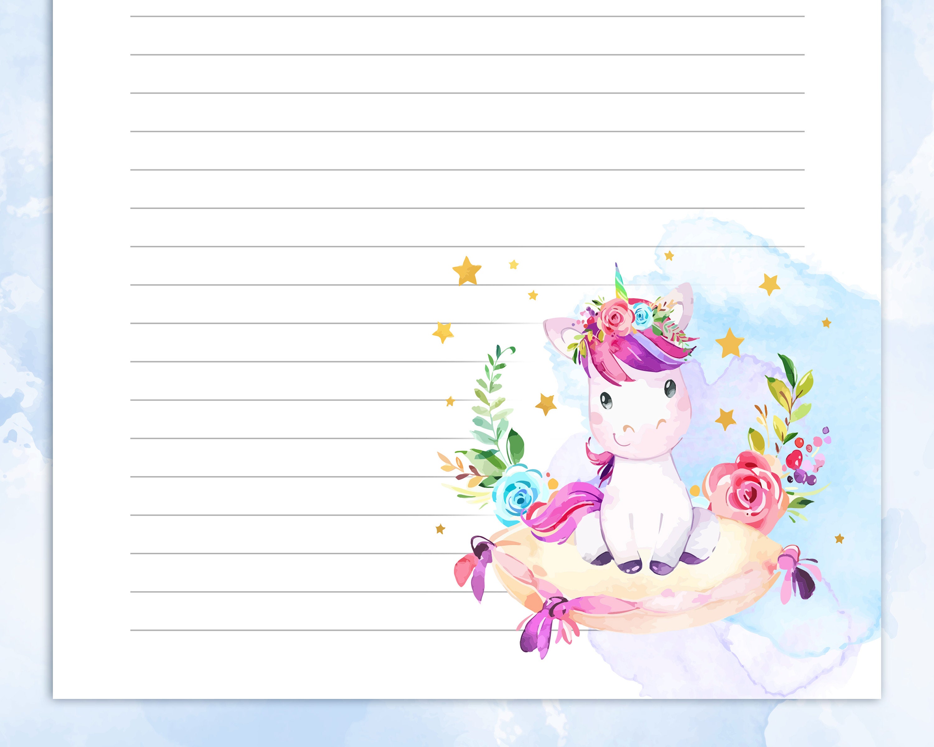 Unicorn Printable Stationery Lined Paper, Cute Printable Writing Paper ...