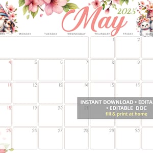 Editable May 2025 Calendar, Floral Printable Fillable Planner With Cute ...