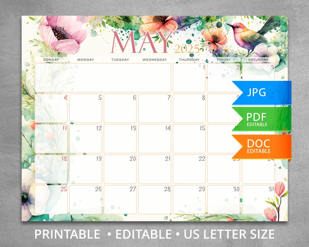 Editable May 2025 Calendar, Floral Wall Calendar 2025 With a Bird ...