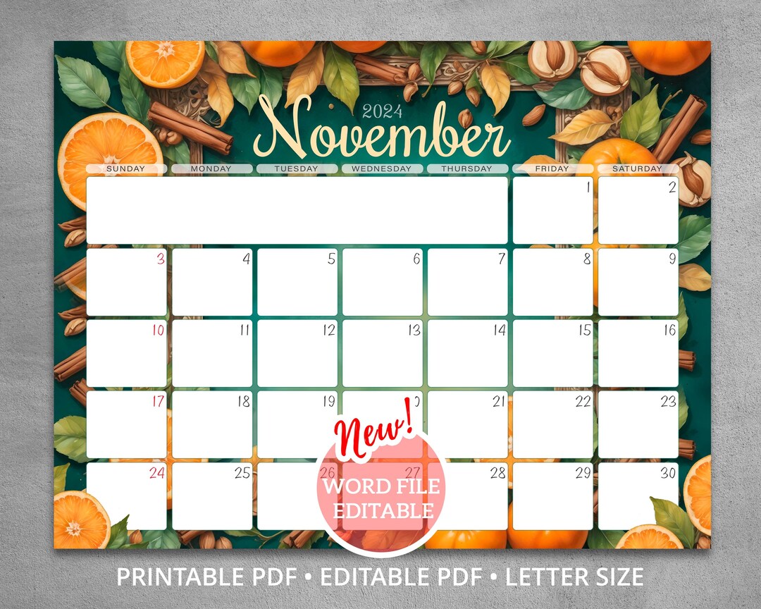 Calendario de noviembre de 2024 editable, Calendario de pared 2024 con ...