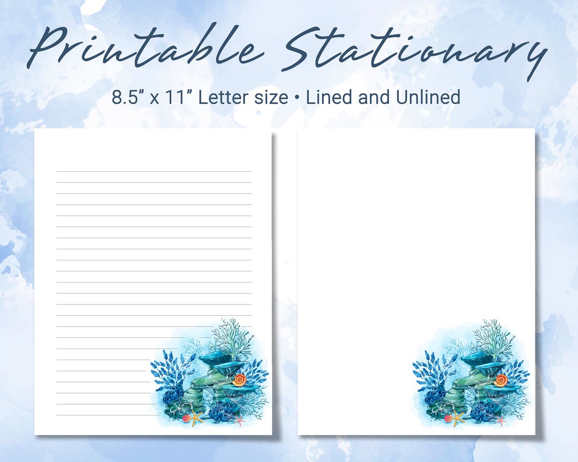Ocean Printable Stationery Lined Paper, Watercolor Ocean Printable ...