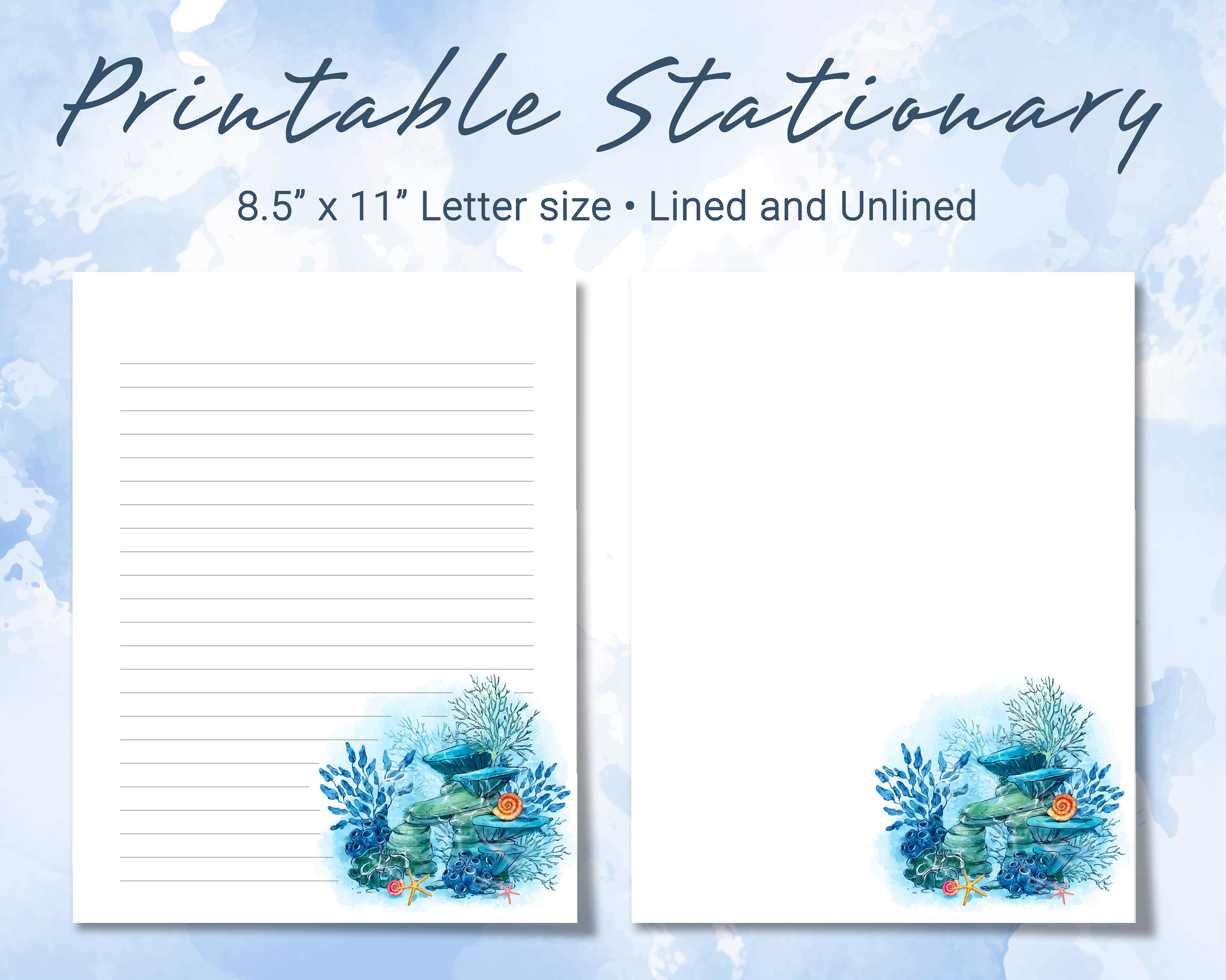 Ocean Printable Stationery Lined Paper, Watercolor Ocean Printable ...