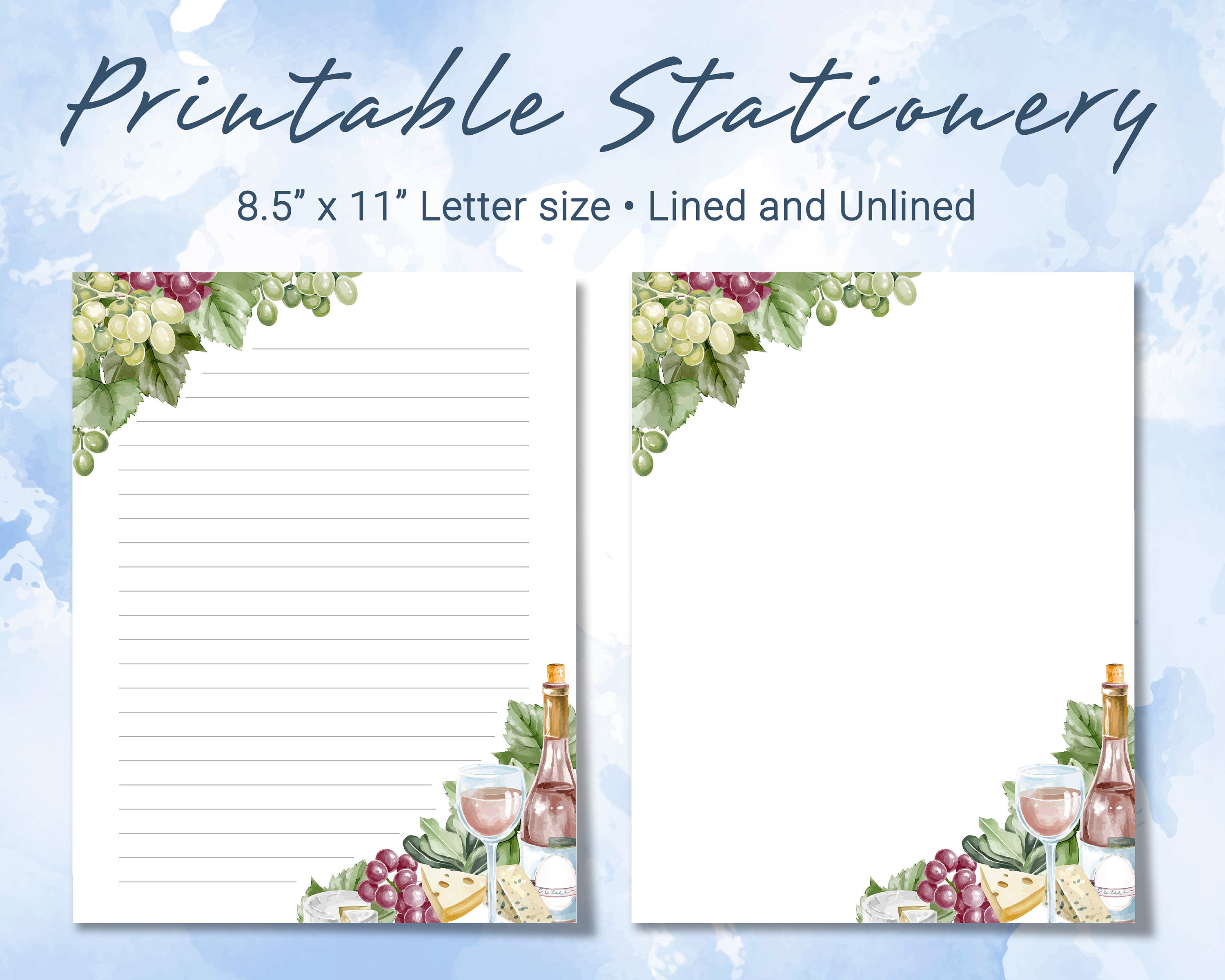 Printable Stationery Lined Paper With Wine, Grapes and Cheese ...