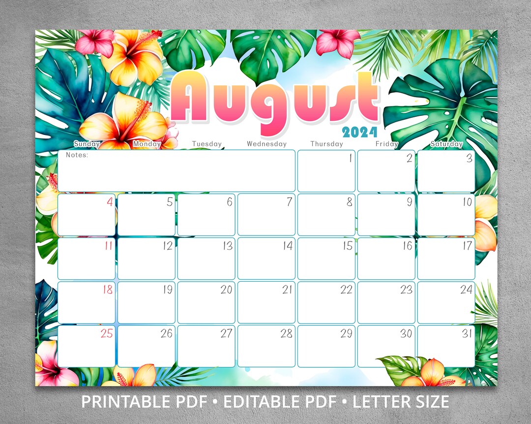 Editable August 2024 Calendar, Wall Calendar With Colorful Tropical ...