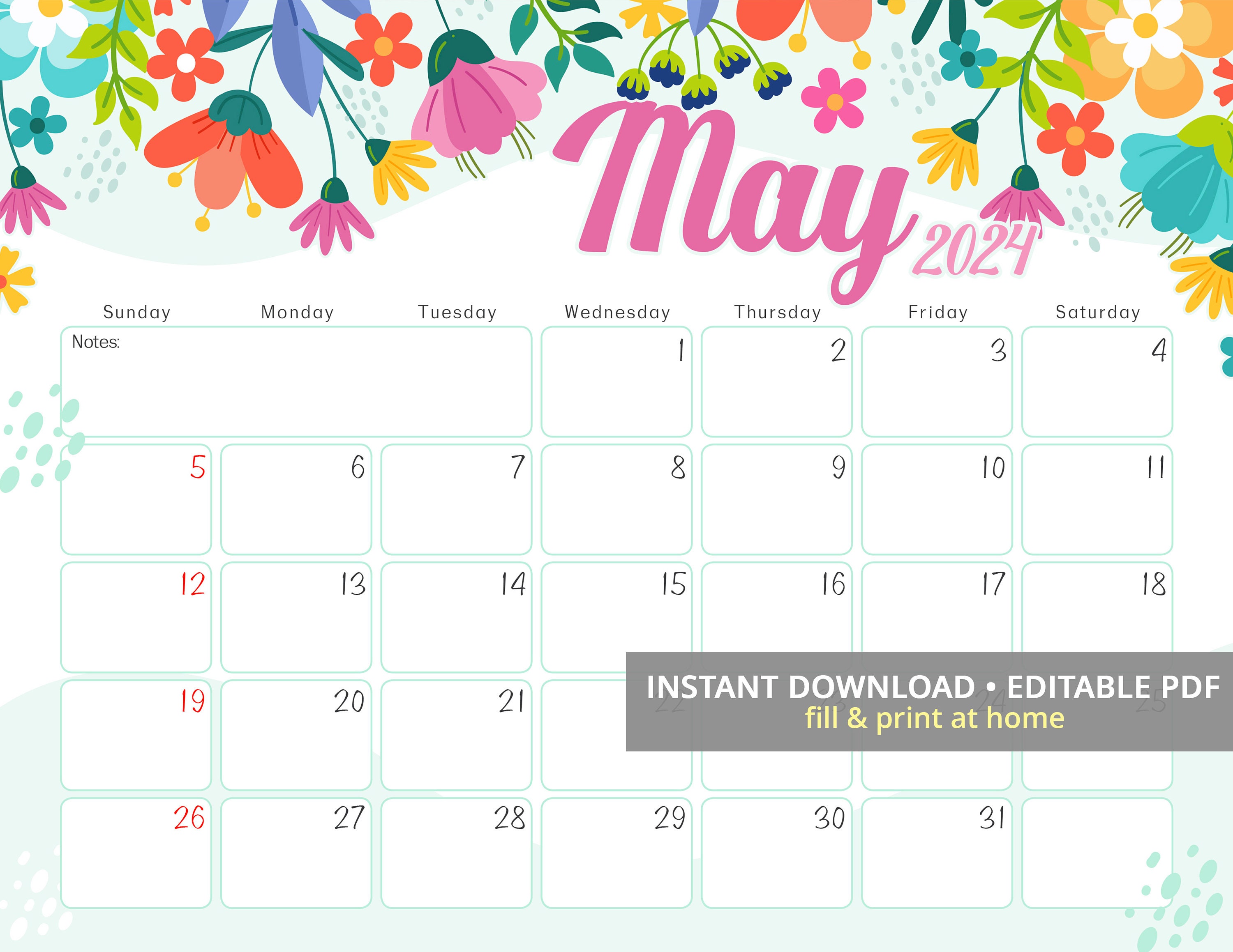 Editable May 2024 Calendar, Floral Spring Wall Calendar 2024, Fillable ...