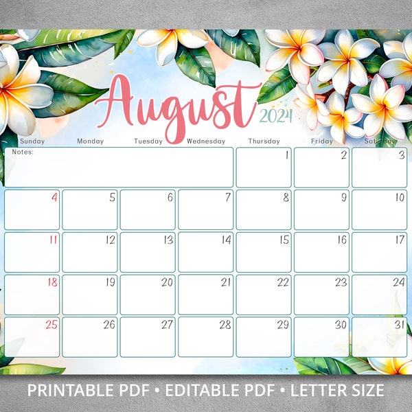 Printable Editable August Calendar - Etsy