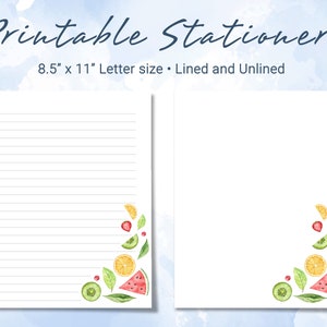 Fruits Printable Stationery Lined Paper, Printable Writing Paper With ...