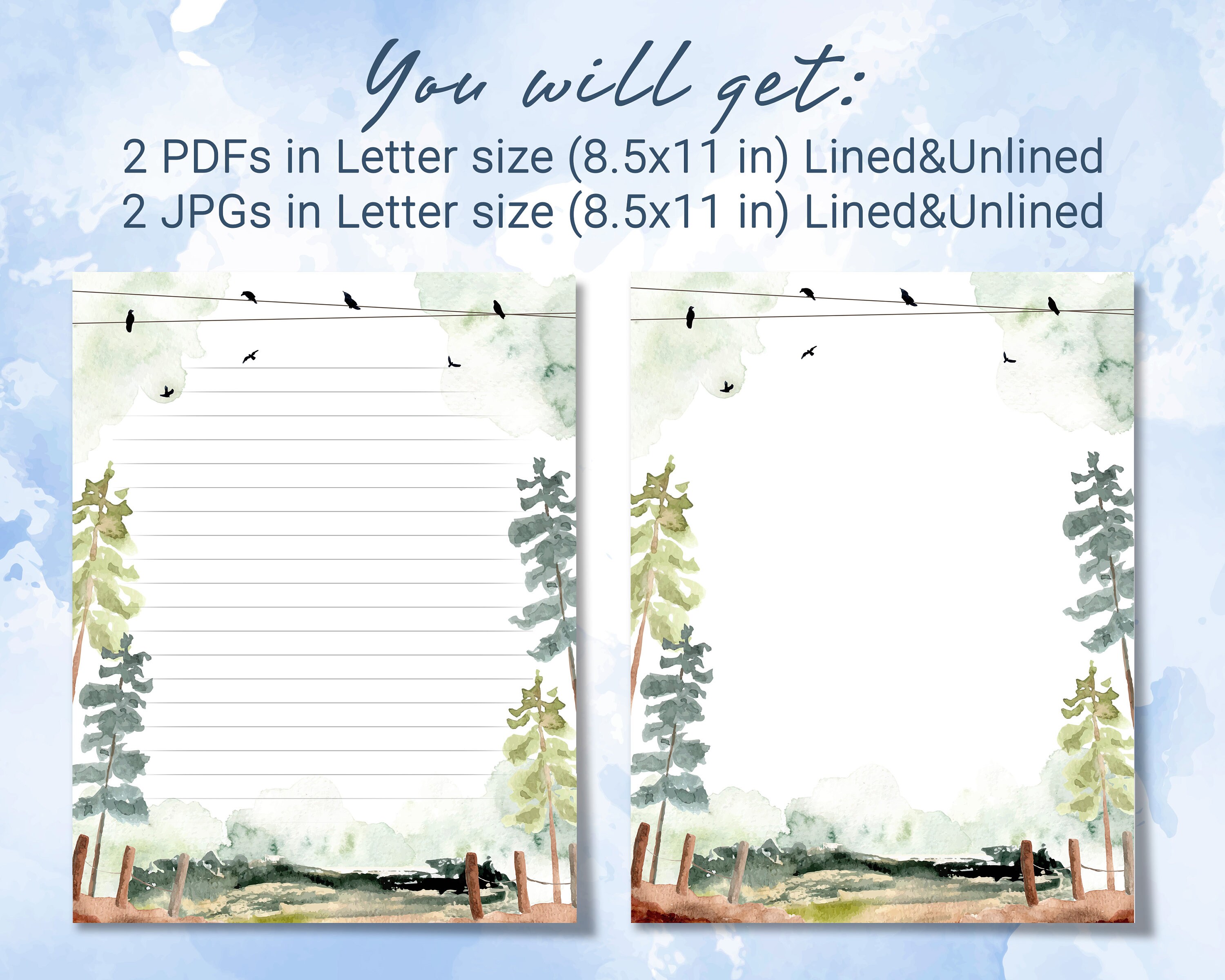 Printable Stationary Paper Green Forest Landscape Watercolor - Etsy