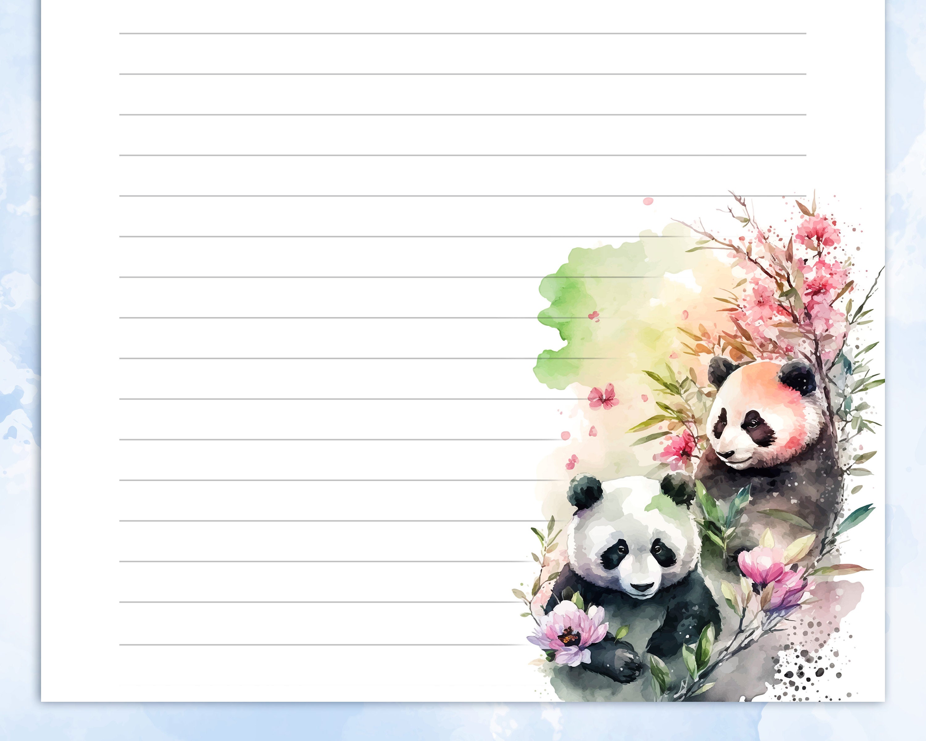 Printable Stationery Lined Paper With Watercolor Panda, Printable ...