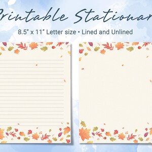 Autumn Printable Stationery Lined Paper, Watercolor Autumn Leaves ...
