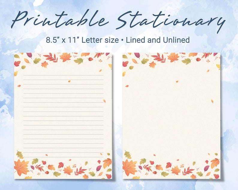 Autumn Printable Stationery Lined Paper, Watercolor Autumn Leaves ...
