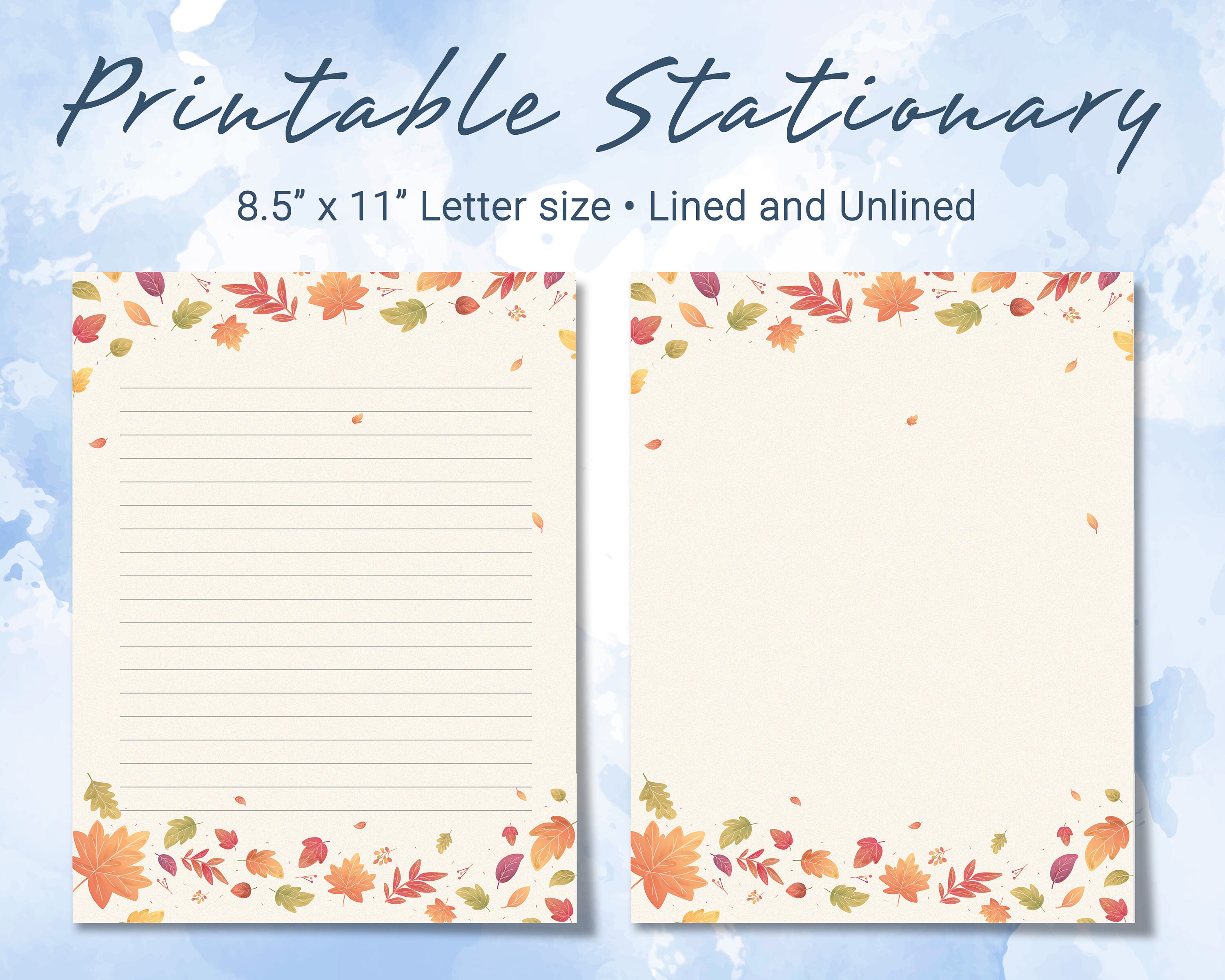 Autumn Printable Stationery Lined Paper, Watercolor Autumn Leaves ...