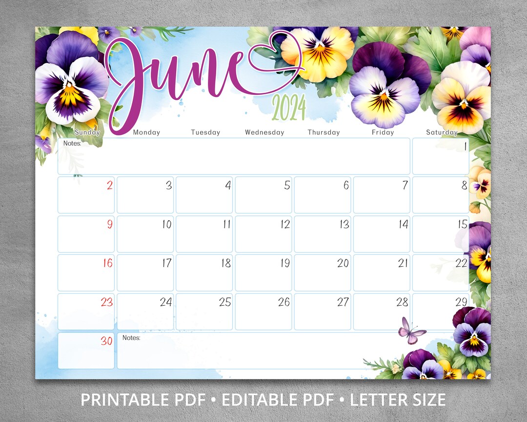 Editable June 2024 Calenda With Bright Pansies Flowers, Summer Wall ...