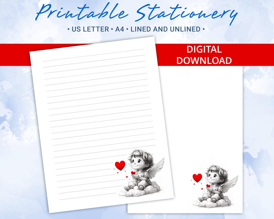 Printable Stationery Lined Paper, Letter Writing Paper With Cute Angel ...