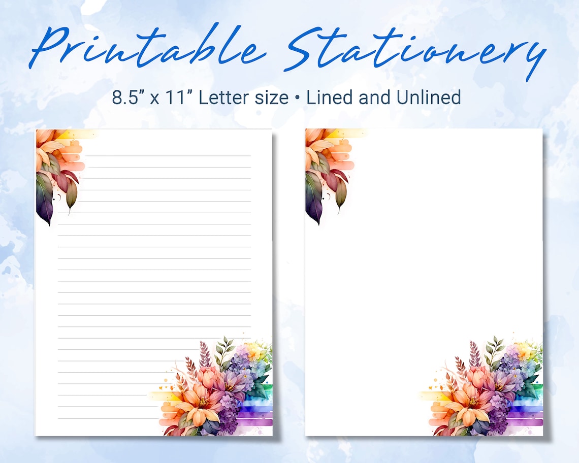 Printable Stationery Lined Paper With Colorful Flowers in Rainbow ...
