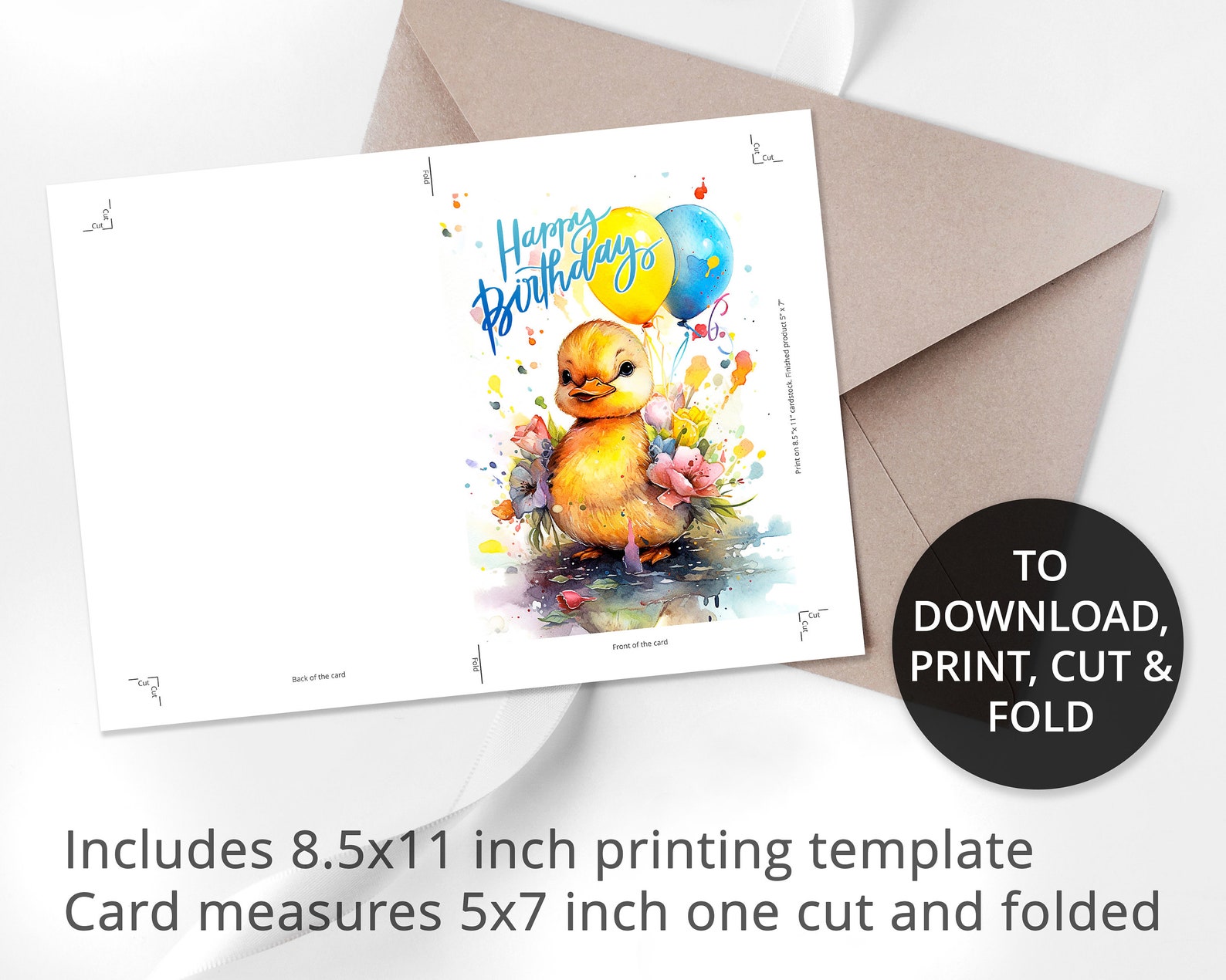 Printable Birthday Card With a Cute Duckling, Balloons and Flowers ...