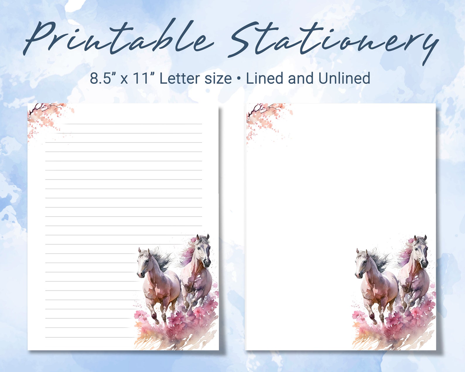 Printable Stationery Lined Paper With Horses Running in a Field of ...