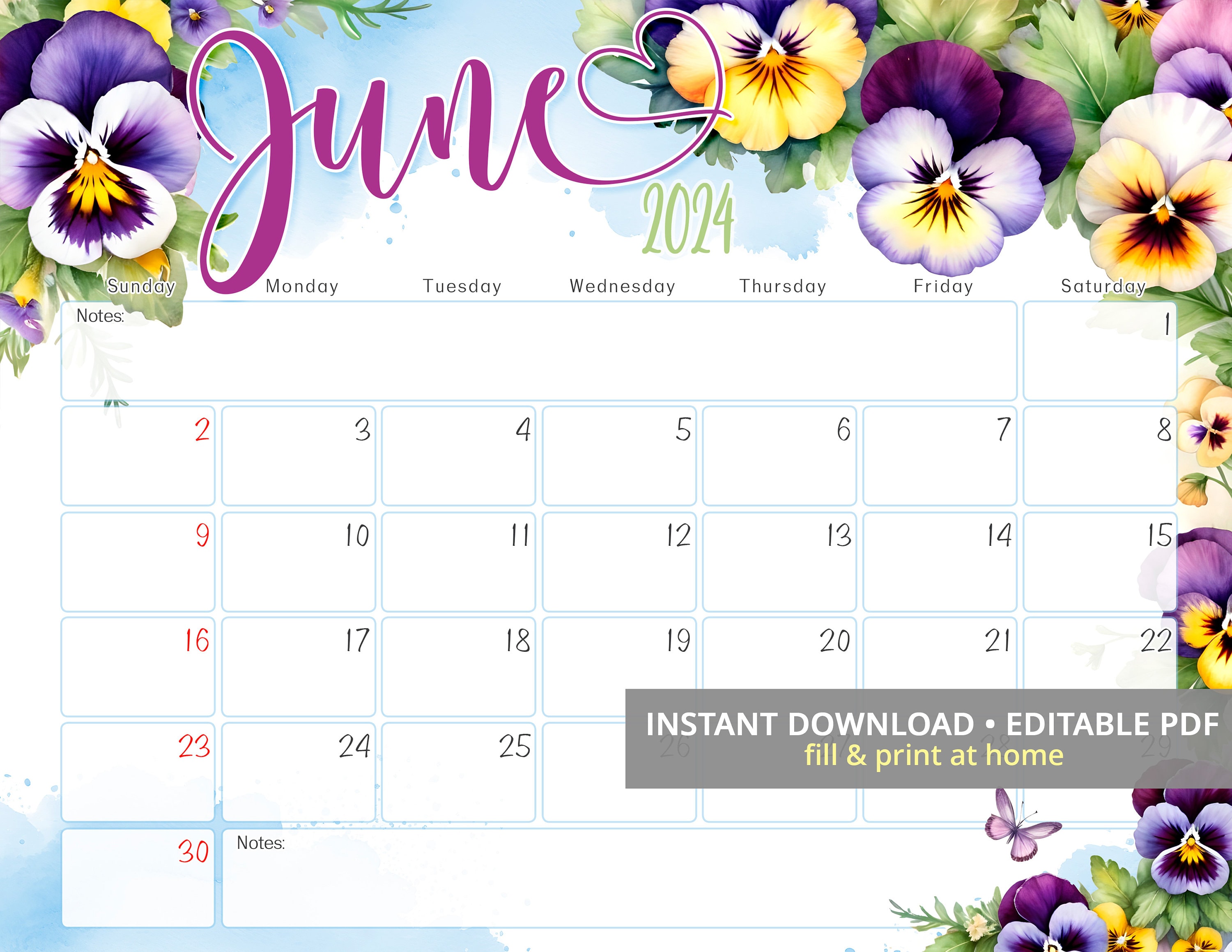 Editable June 2024 Calenda With Bright Pansies Flowers, Summer Wall ...