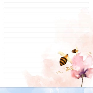 Printable Stationery Lined Paper With Honey Bees and Flower, Printable ...