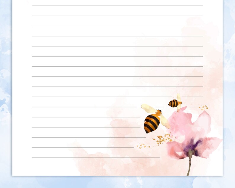 Printable Stationery Lined Paper With Honey Bees and Flower, Printable ...