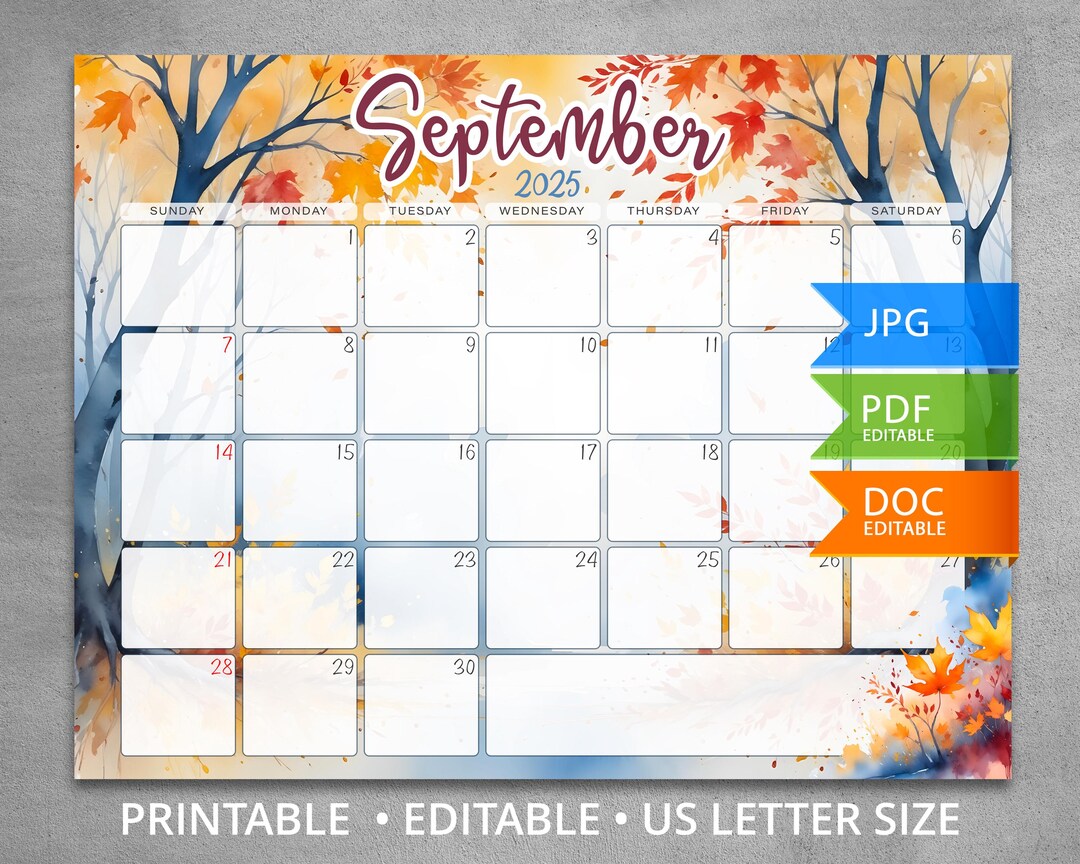 Editable September 2025 Printable Calendar, Fall Watercolor Fillable ...
