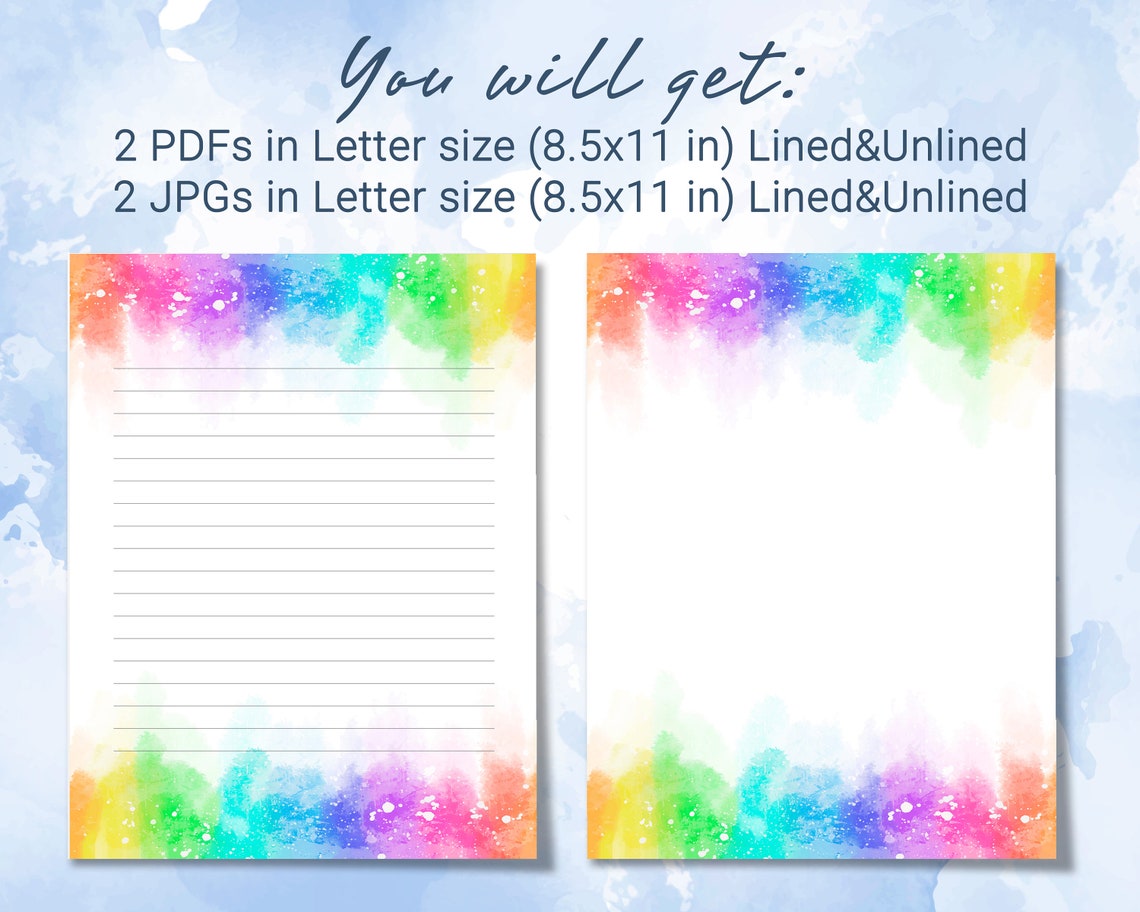 Printable Stationery Lined Paper With Watercolor Rainbow - Etsy