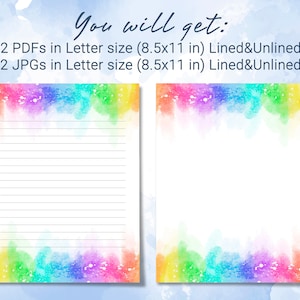 Printable Stationery Lined Paper With Watercolor Rainbow Background ...