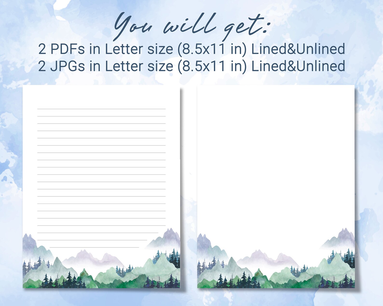 Printable Stationery Lined Paper With Watercolor Foggy Forest Mountains ...