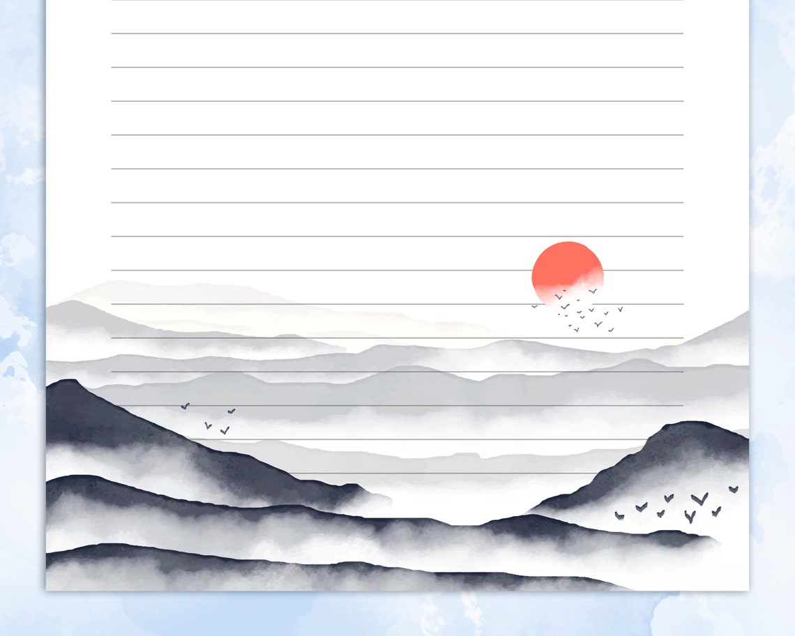 Printable Stationery Lined Paper With Mountains Background, Printable ...