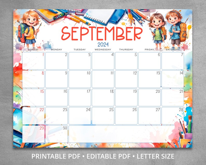 Editable September 2024 Calendar, Back to School Wall Calendar, Letter ...
