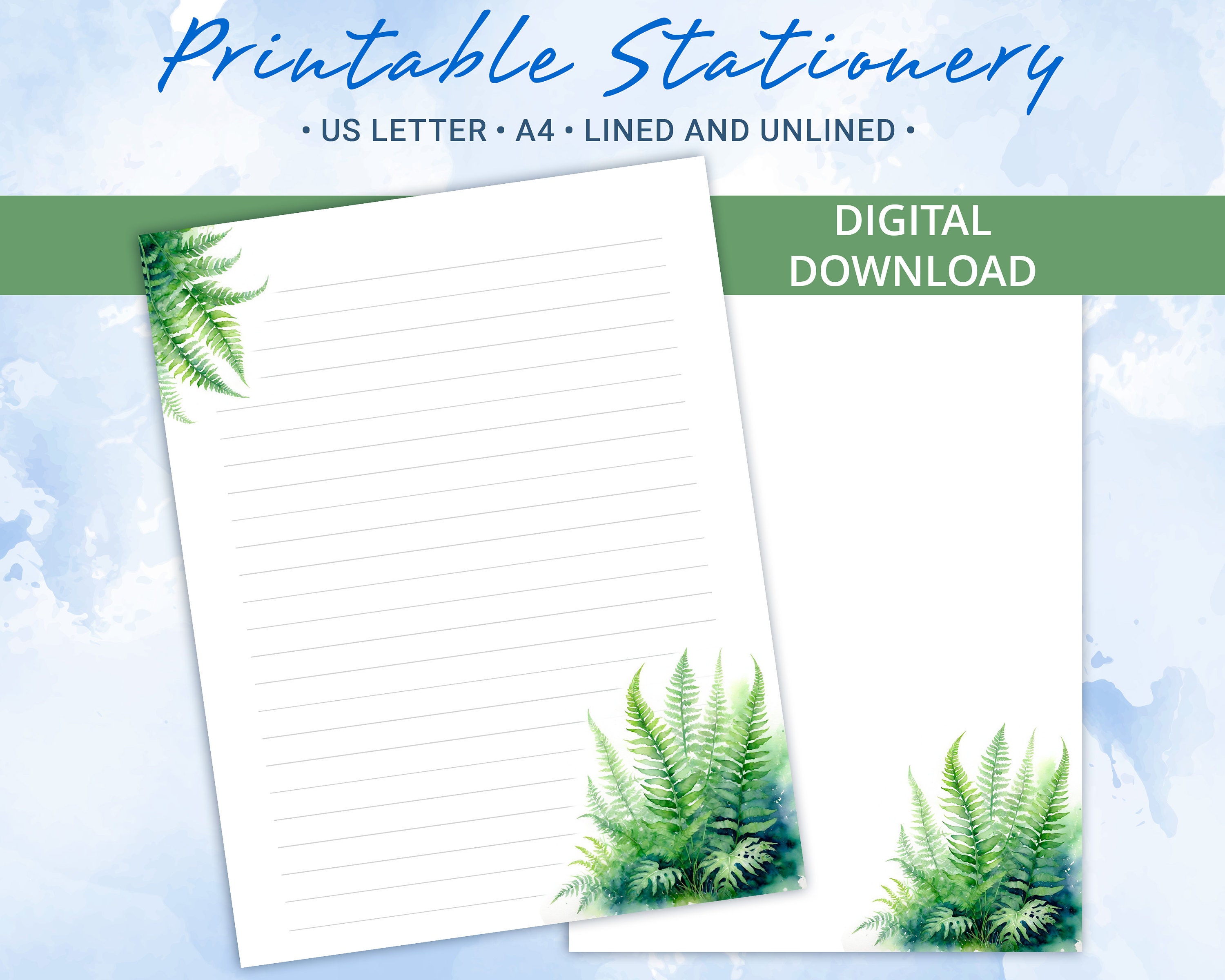 Printable Stationery Lined Paper, Letter Writing Paper With Fern Leaves ...