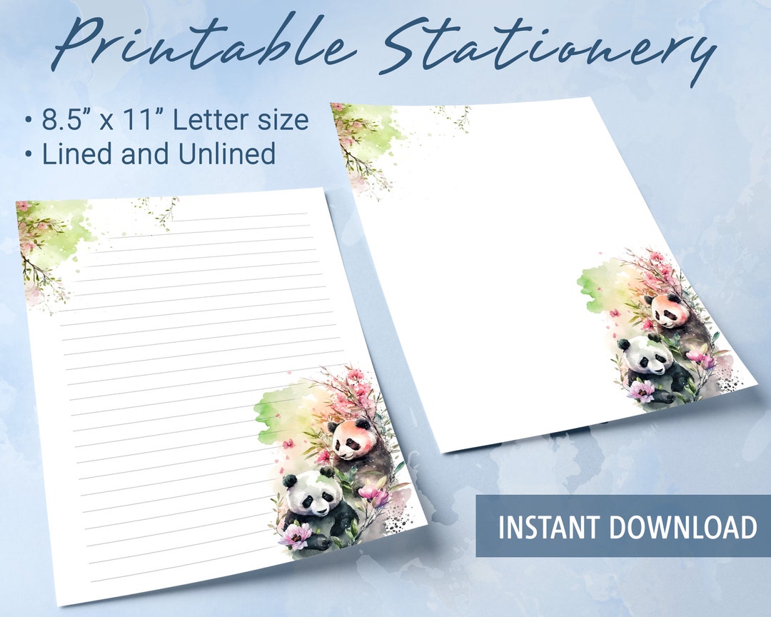Printable Stationery Lined Paper With Watercolor Panda, Printable ...