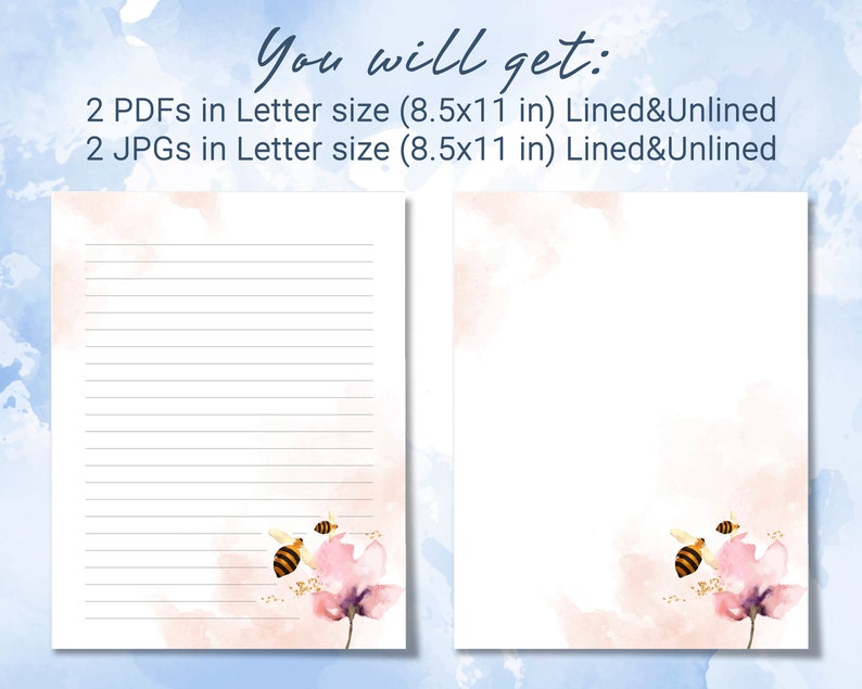 Printable Stationery Lined Paper With Honey Bees and Flower, Printable ...