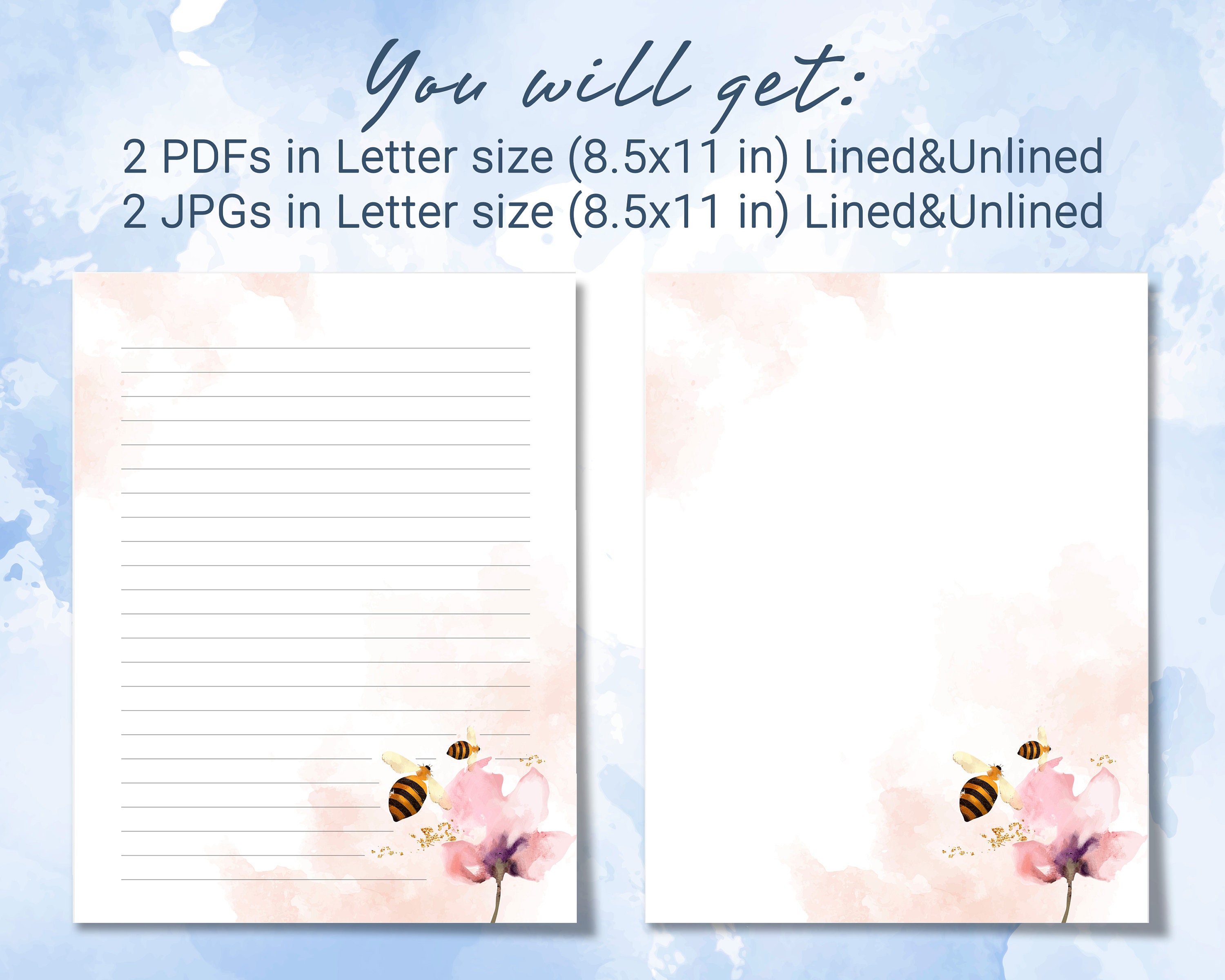 Printable Stationery Lined Paper With Honey Bees and Flower, Printable ...
