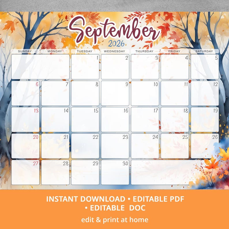 September 2026 Calendar, Editable PDF DOC, Printable Fall Planner ...