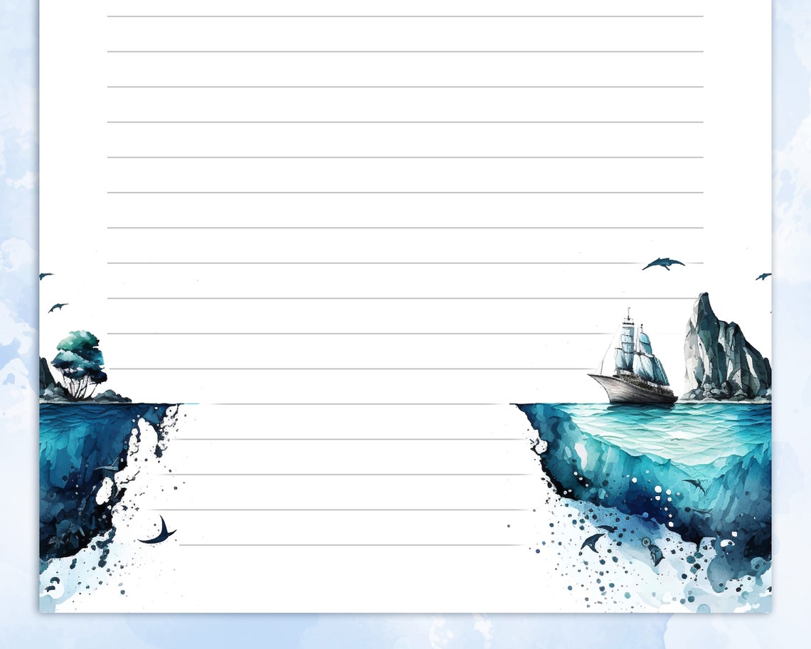 Printable Stationery Lined Paper With Sea Illustration, Printable ...