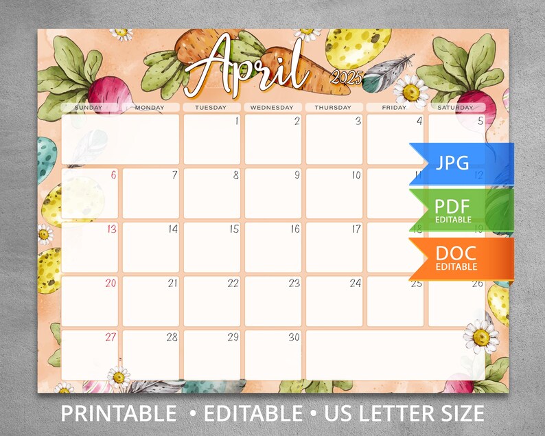 Editable April 2025 Calendar With an Easter Background, Happy Easter ...